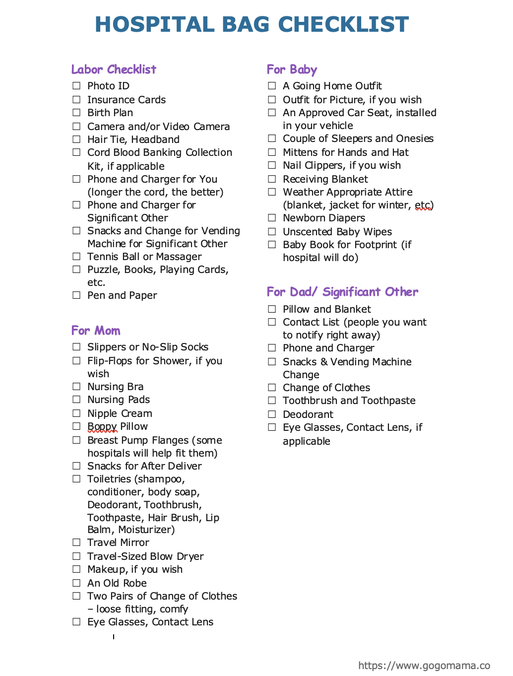 Hospital Bag Checklist: What to Pack in a Hospital Bag - Gogo Mama