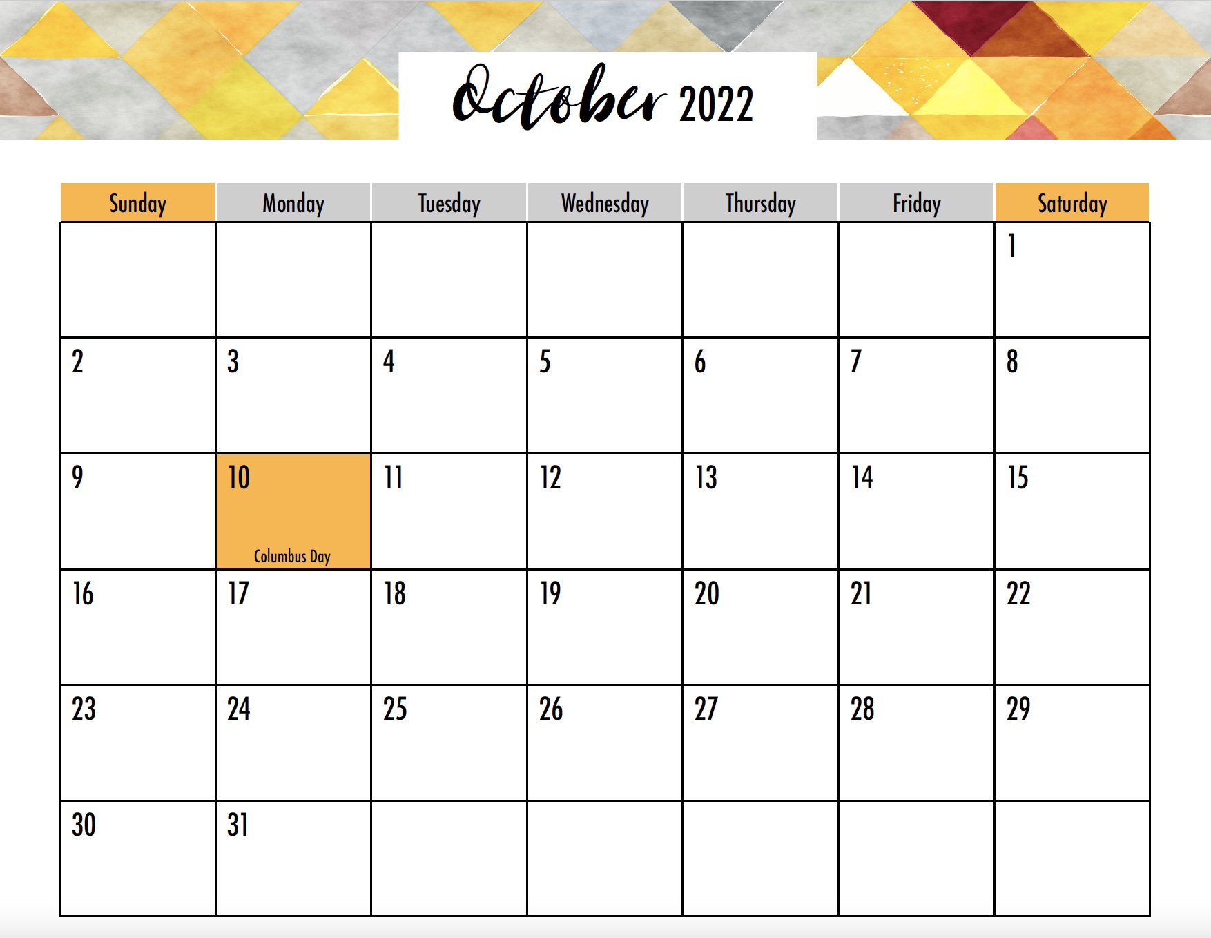 October 2022 Calendar Free Printable - Gogo Mama